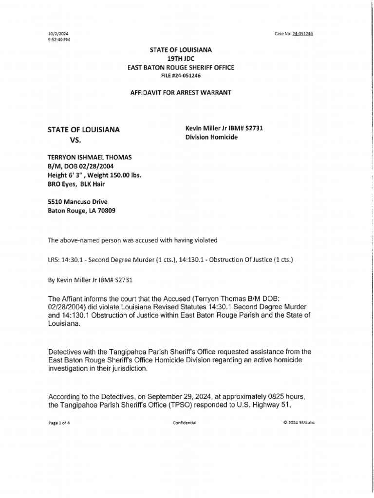 Arrest Warrant For Terryon Thomas | PDF