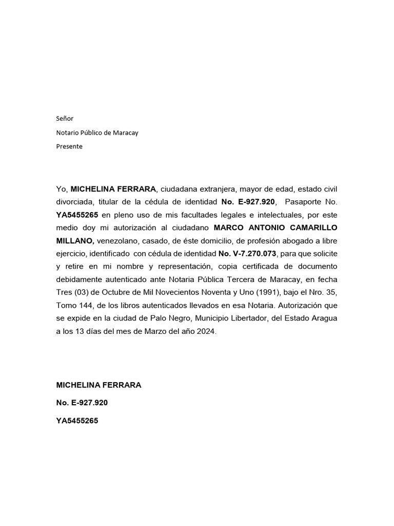 Autorización para Documento Notaria | PDF