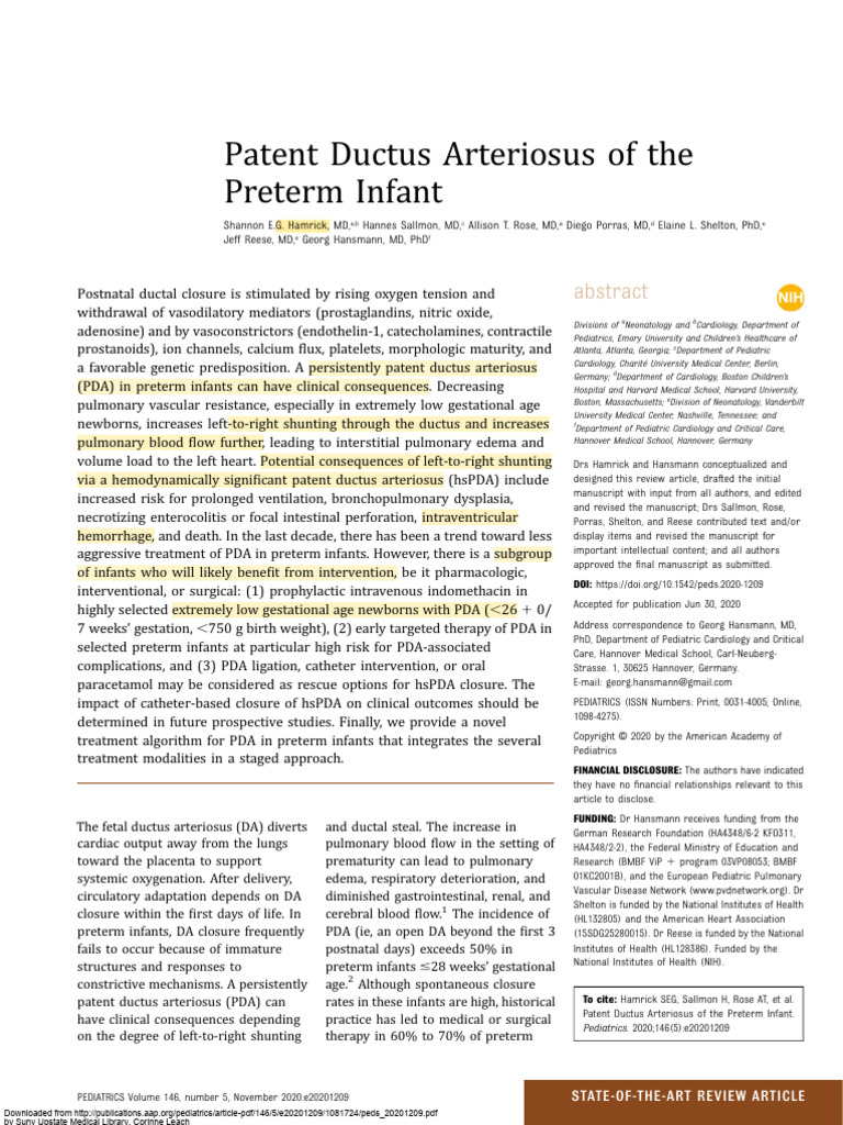 #Hamrick. PDA State of Art - 2020 | PDF | Preterm Birth ...