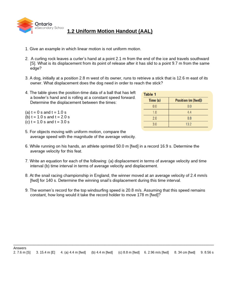 1.2.2 Uniform Motion Handout (AAL) | PDF
