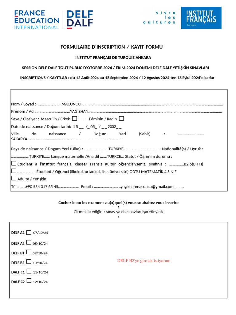 Formulaire-dinscription-DELF-DALF-Tout-Public Octore 2024 | PDF