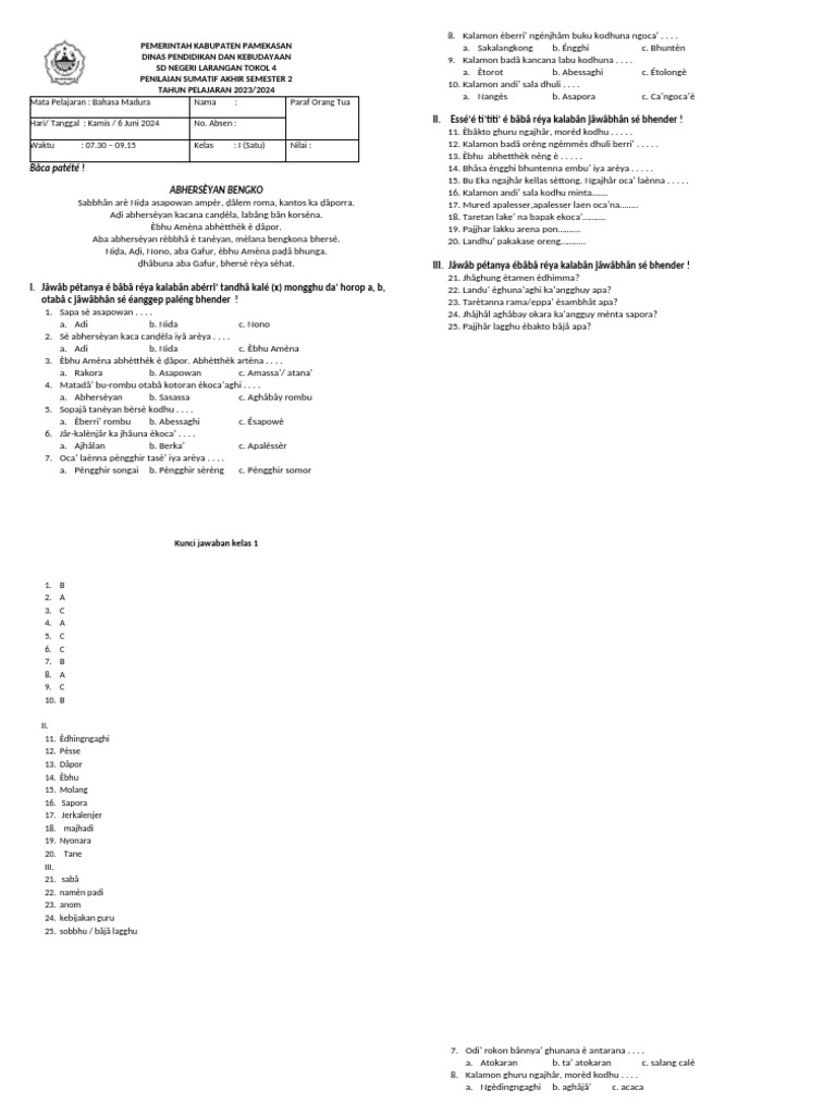 SOAL_BHS_MADURA PAT 1,2,3 | PDF