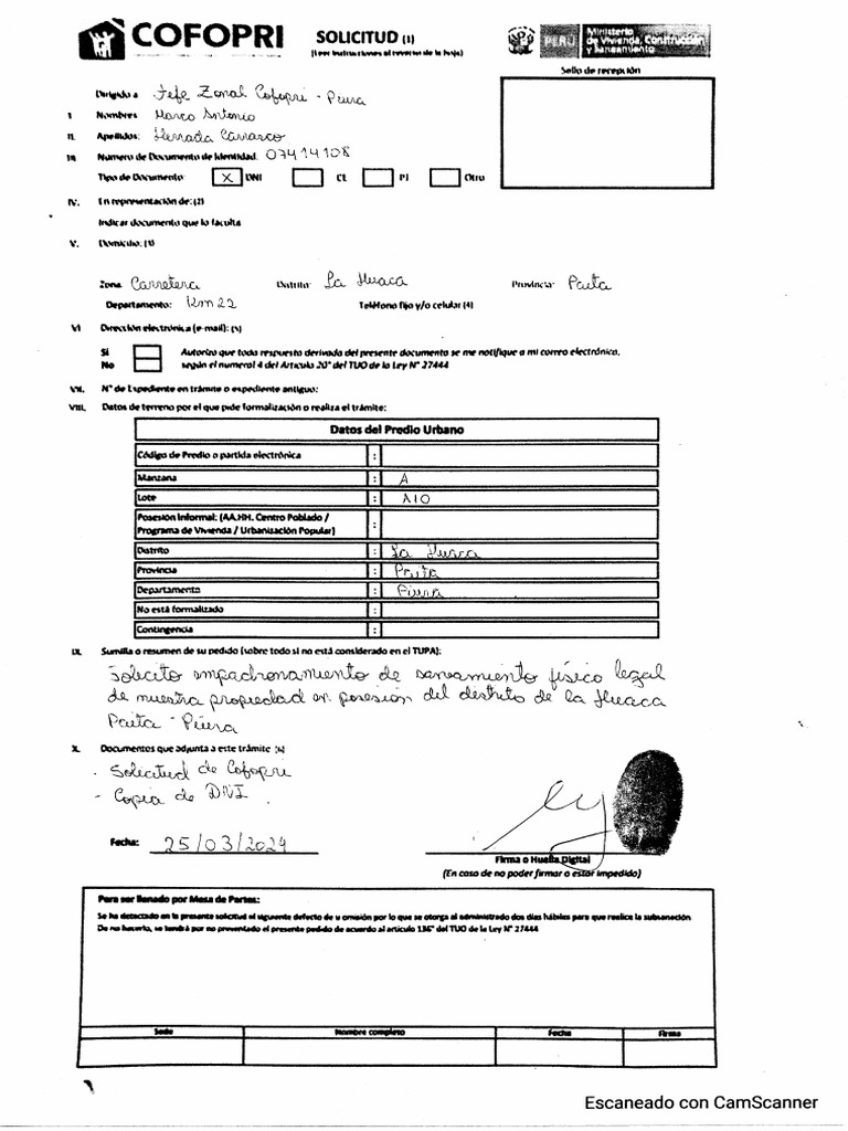 Solicitud Cofopri Marco Herrada | PDF