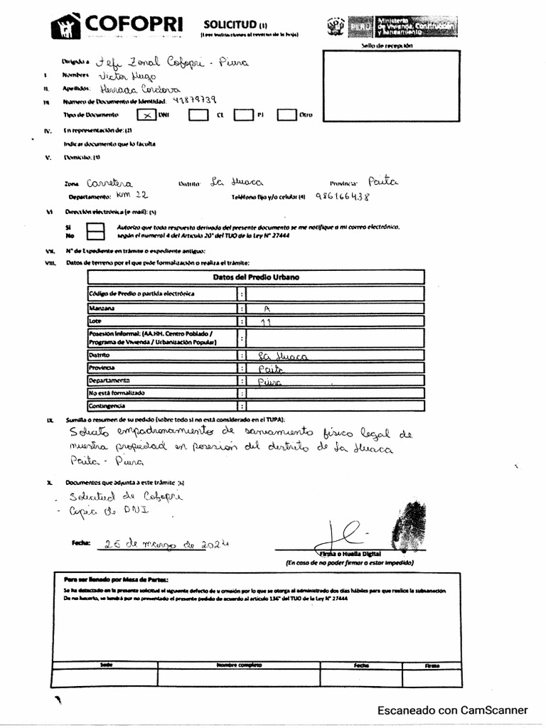 SOLICITUD COFOPRI VICTOR HERRADA | PDF