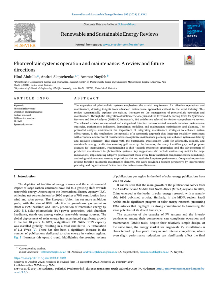 Photovoltaic Systems Operation and Maintenance - 2024 - Renewable and ...