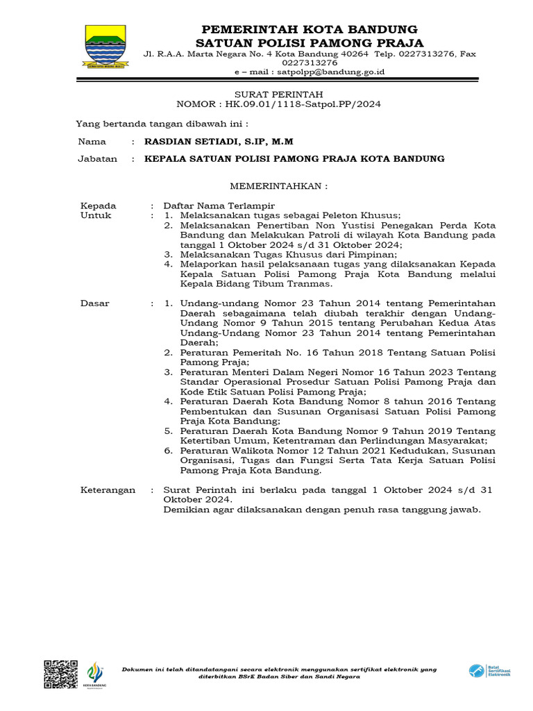 Surat Perintah No 1118 - Peleton Khusus Oktober 2024 - Dedi | PDF