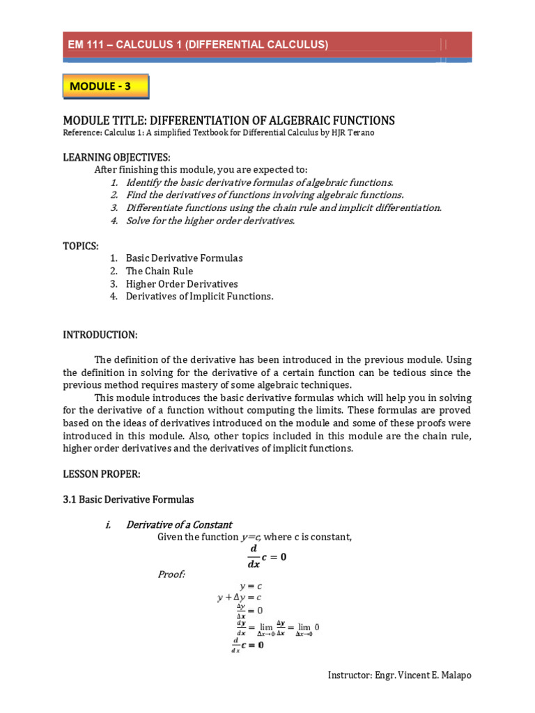Calculus 1 Module 3 Differentiation of Algebraic Functions 2 | PDF