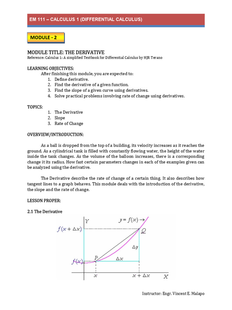 Calculus 1 Module 2 The Derivative Pdf Derivative Teaching Methods And Materials