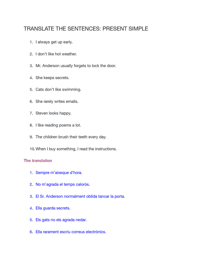 Translate The Sentences:Present Simple | PDF