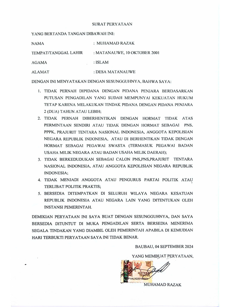 surat pernyataan razak | PDF