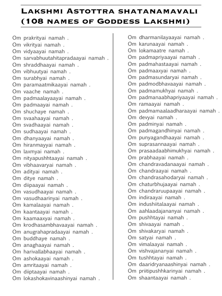 Lakshmi Astottra Shatanamavali (108 Names of Goddess Lakshmi) | PDF