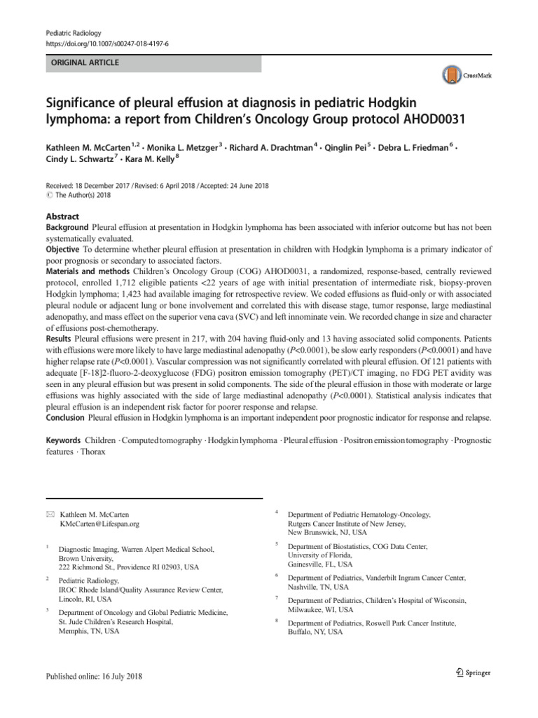 Significance of Pleural Effusion at Diagnosis in Pediatric Hodgkin ...