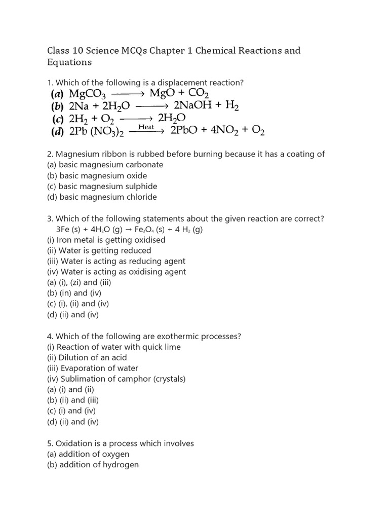 Class 10 Science MCQs Chapter 1 Chemical Reactions and Equations | PDF