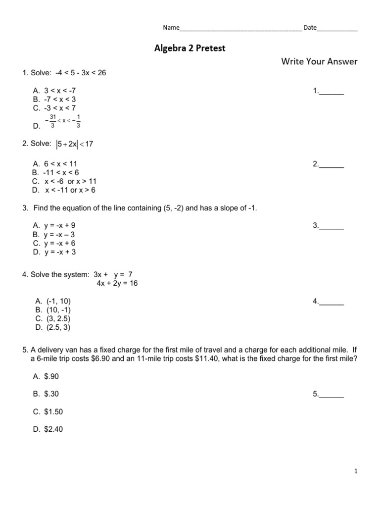 Algebra2Pretest 1 | PDF