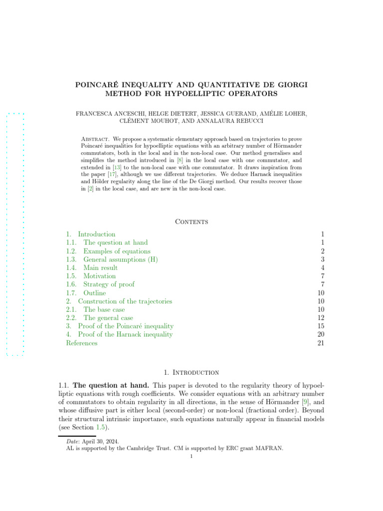 Poincar E Inequality and Quantitative de Giorgi Method For Hypoelliptic ...