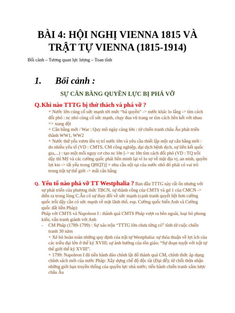 Bài 4 - Hội Nghị Vienna Và Trật Tự Thế Giới Vienna | PDF