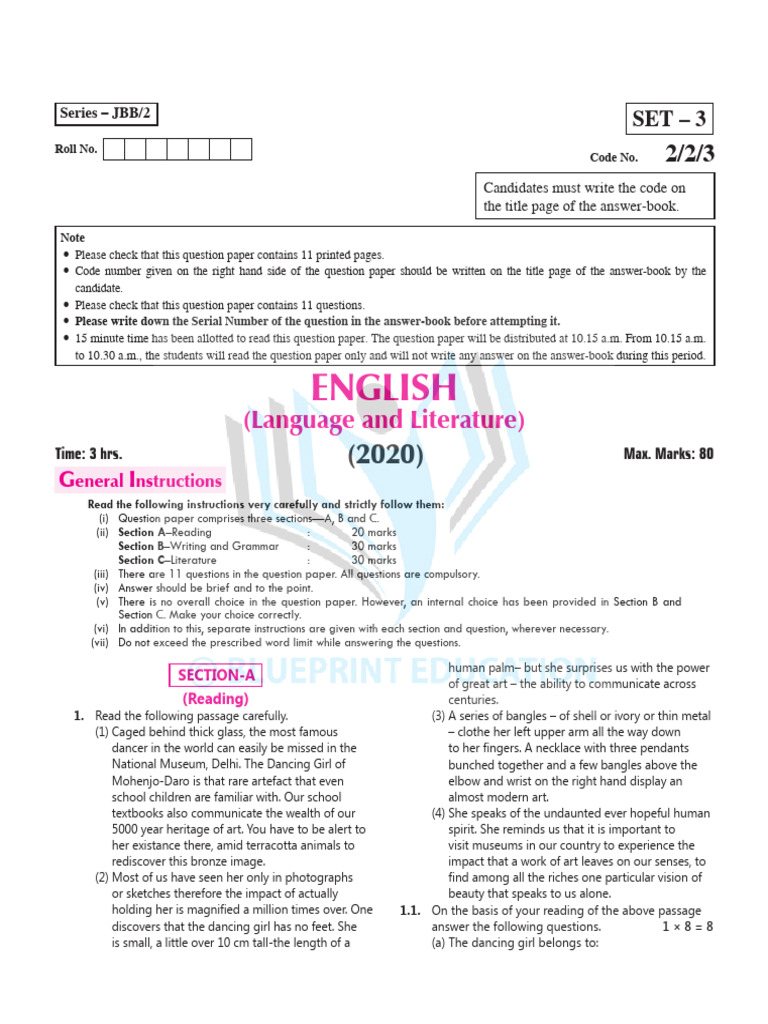 CBSE Solved Paper 2020 English Language Literature | PDF