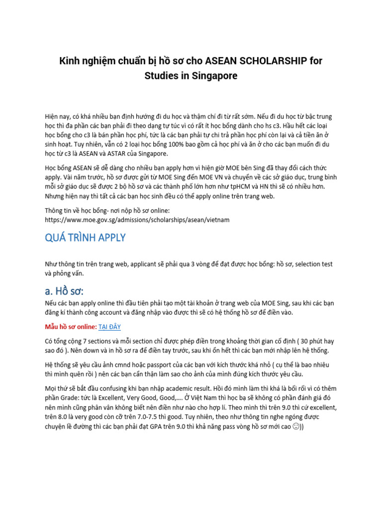 Kinh nghiệm chuẩn bị hồ sơ cho ASEAN SCHOLARSHIP for Studies in Singapore | PDF