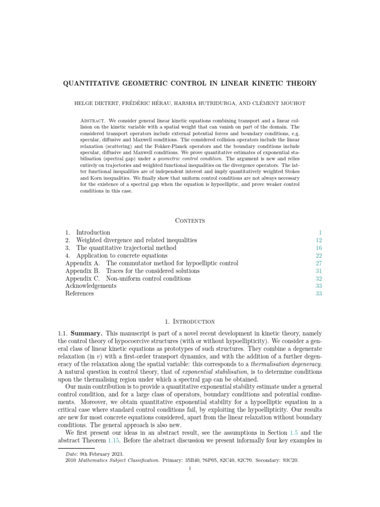 Quantitative Geometric Control in Linear Kinetic Theory: Abstract | PDF
