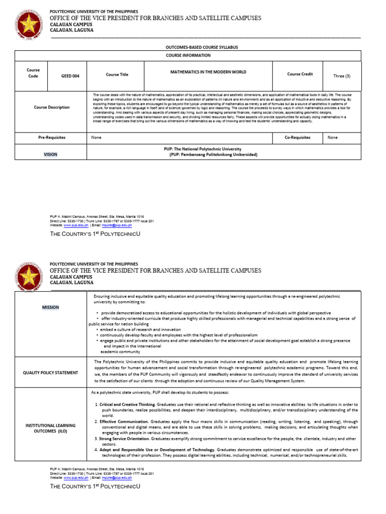Syllabus GEED 004 Mathematics in The Modern World | PDF