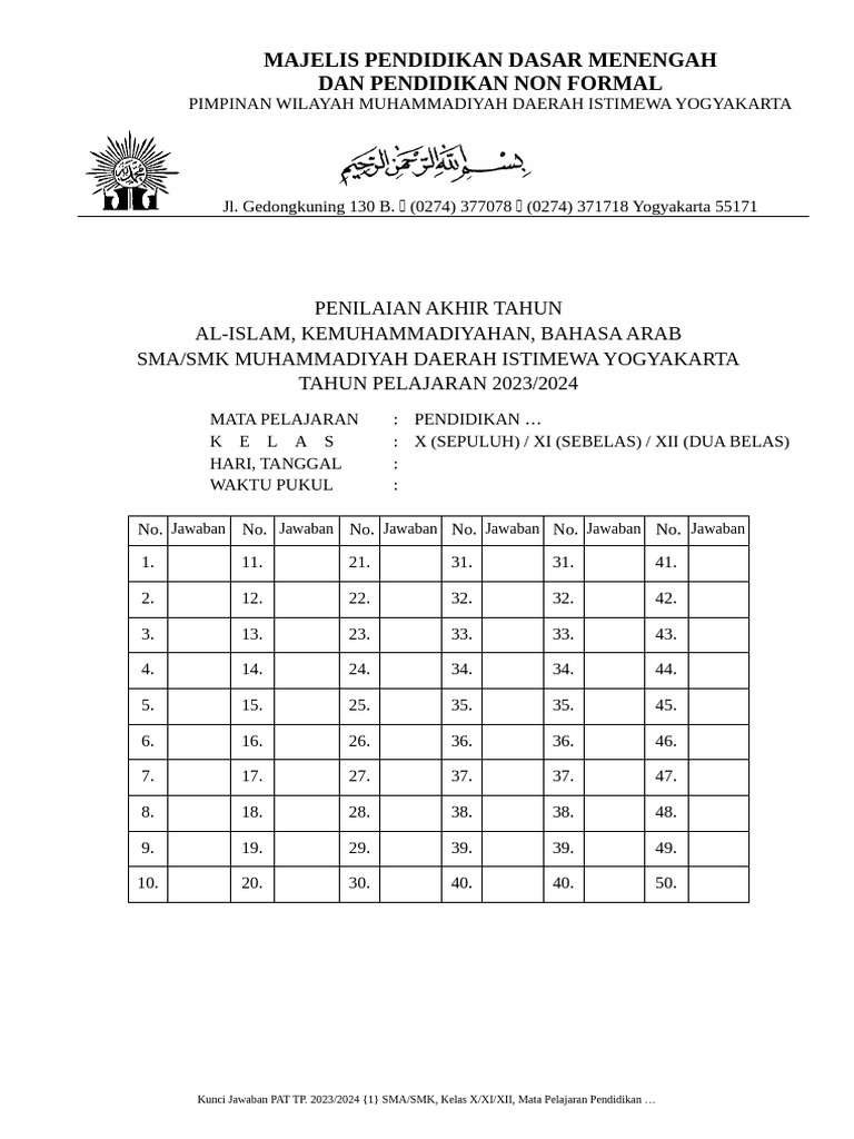 Format Kunci Jawaban PAT SMA-SMK-MA | PDF