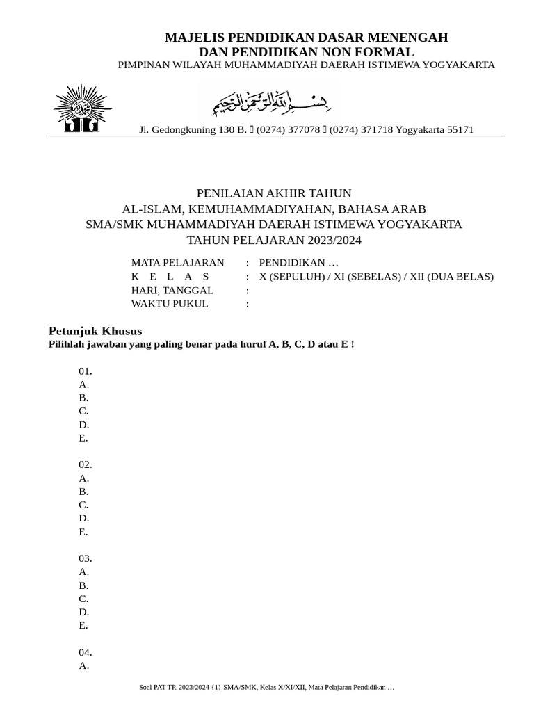 Format Soal Pat Sma-Smk-Ma | PDF