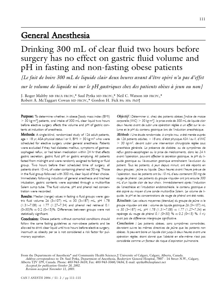 Drinking 300 ML of Clear Fluid Two Hours Before Surgery Has No Effect ...