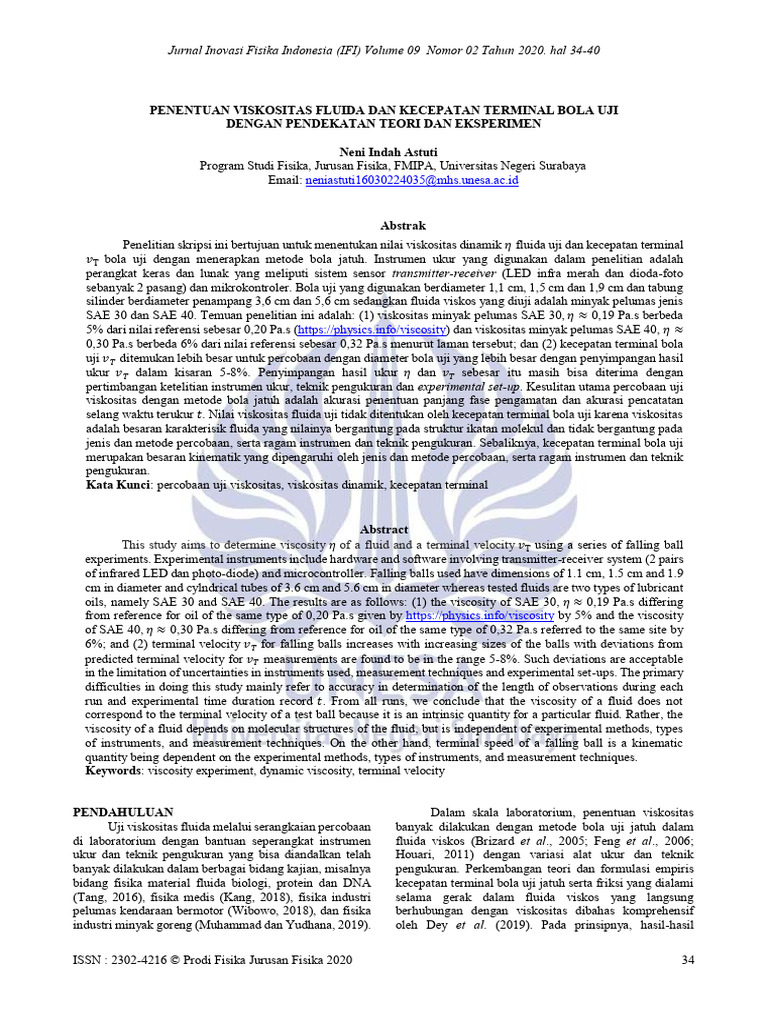 Penentuan Viskositas Fluida Dan Kecepatan Terminal Bola Uji Dengan Pendekatan Teori Dan ...