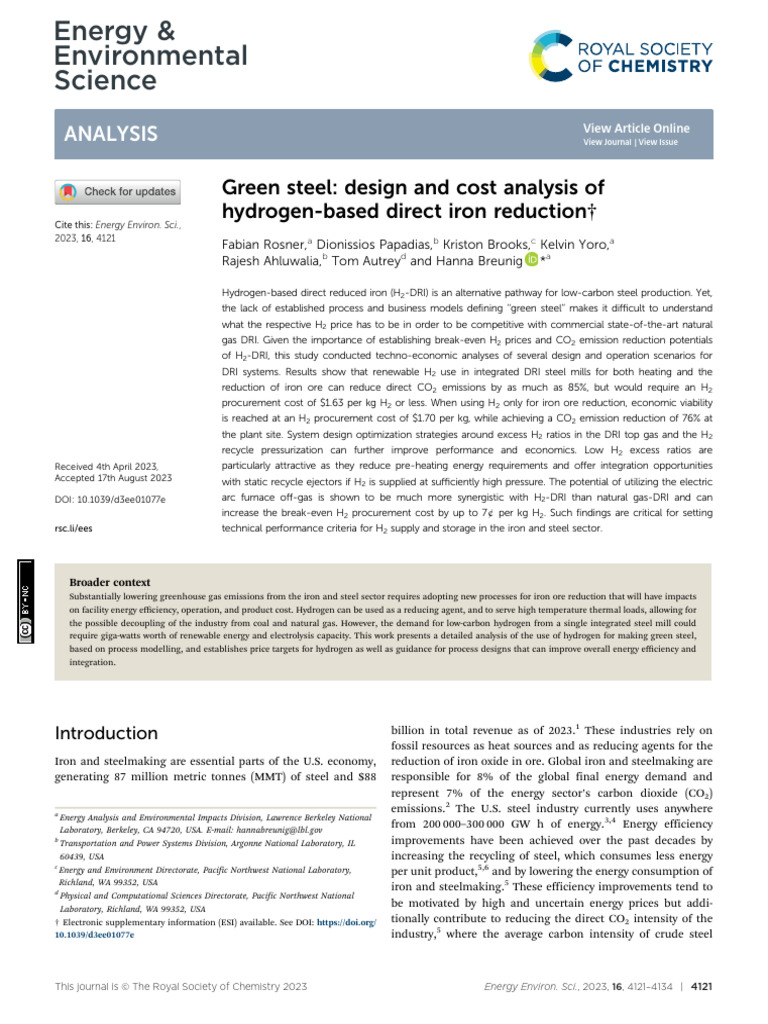 Green Steel: Design and Cost Analysis of Hydrogen-Based Direct Iron ...