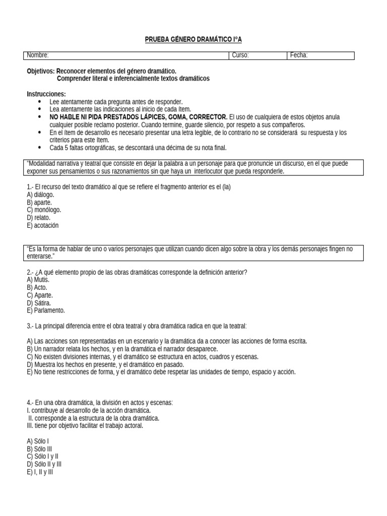 Prueba Genero Dramatico | PDF