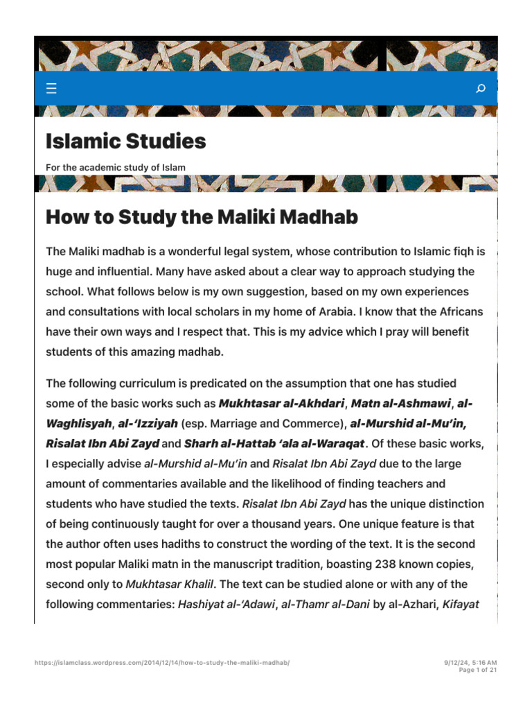 How To Study The Maliki Madhab - Islamic Studies | PDF