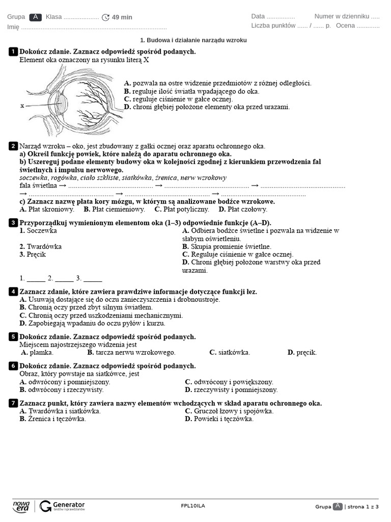 Budowa I Działanie Narządu Wzroku Test (Bez Widocznej Punktacji) | PDF