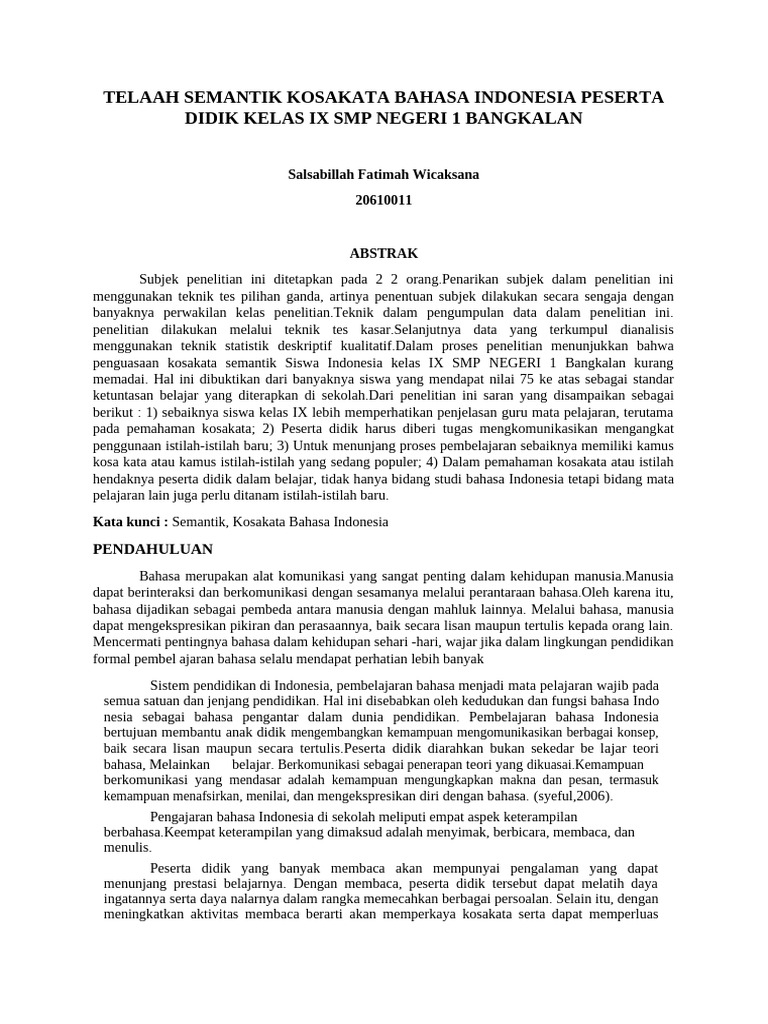 Telaah Semantik Kosakata Bahasa Indonesia Peserta Didik Kelas Ix SMP ...
