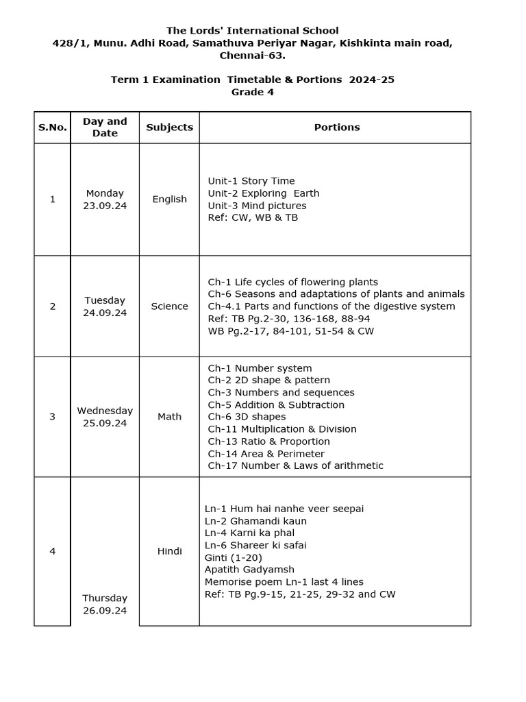 Grade 4 Term 1 Exam Timetable Portions 2024-25 | PDF