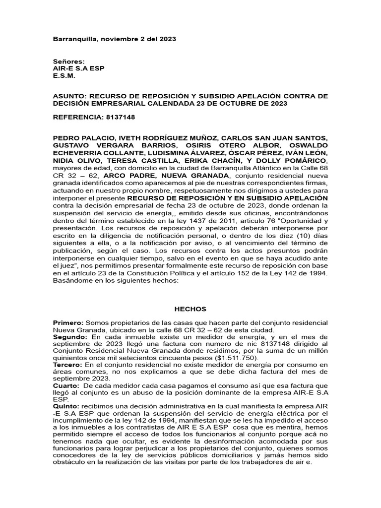 Recurso de Reposicion y Apelacion CONJUNTO NUEVA GRADADA 2 NOV 2023 | PDF