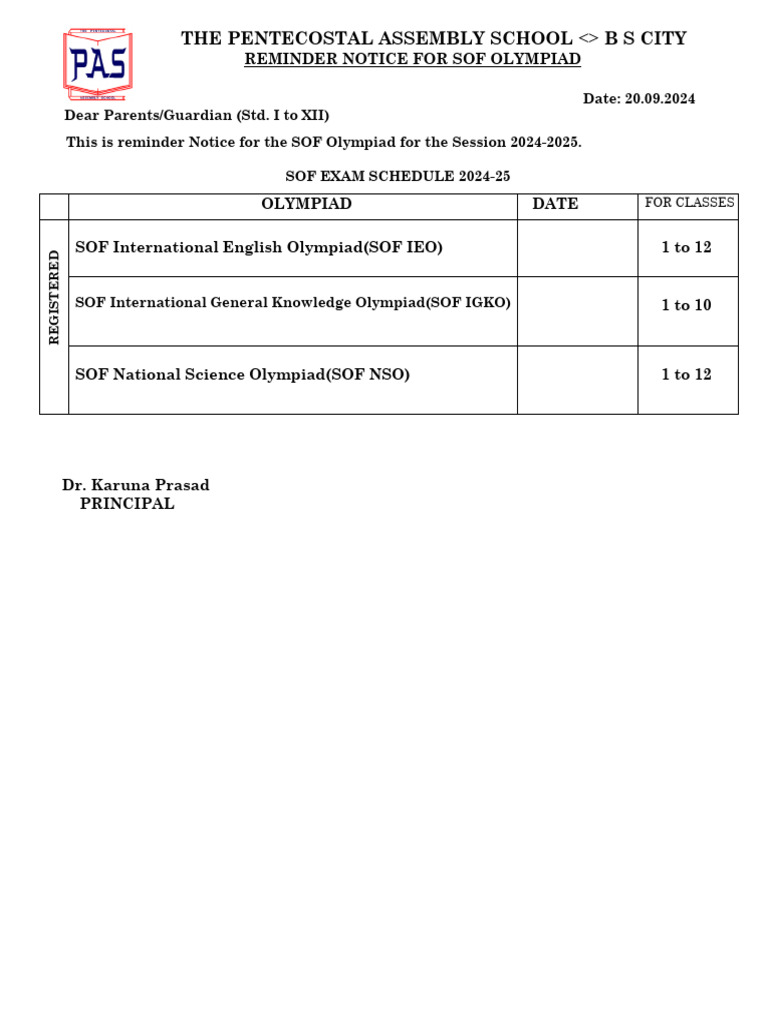 Reminder Notice For SOF Exam Dates (Std.I To XII) N | PDF