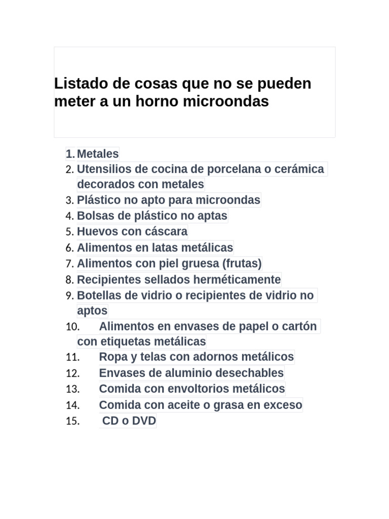 Listado de Cosas Que No Se Pueden Meter A Un Horno Microondas | PDF