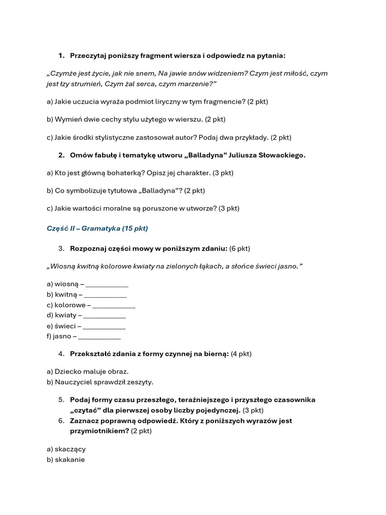 Sprawdzian Z Polskiego Klasa 7 Dział 1 | PDF