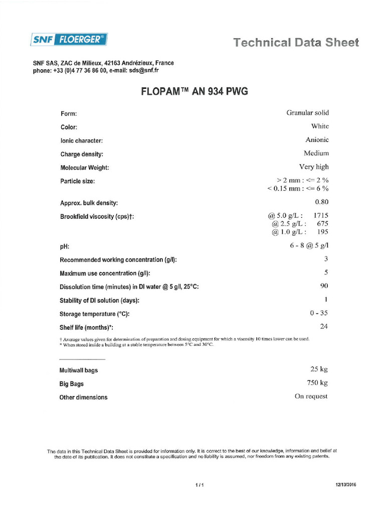 Flopam TDS An 934 PWG | PDF