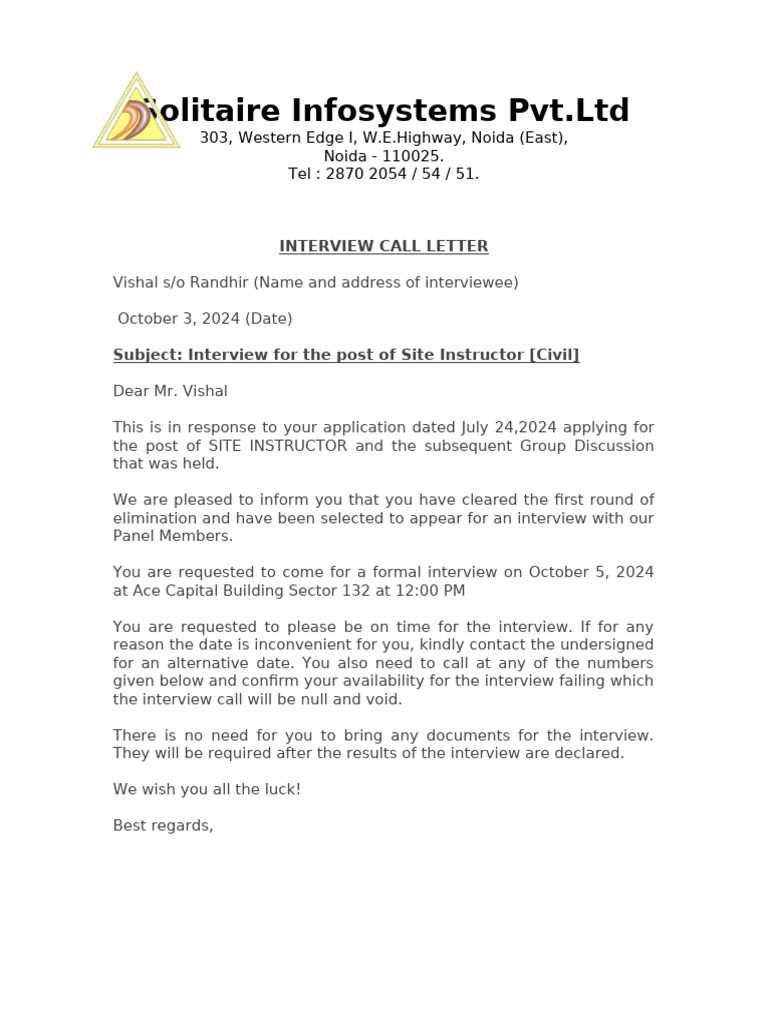 8 Interview Call Letter Sample | PDF