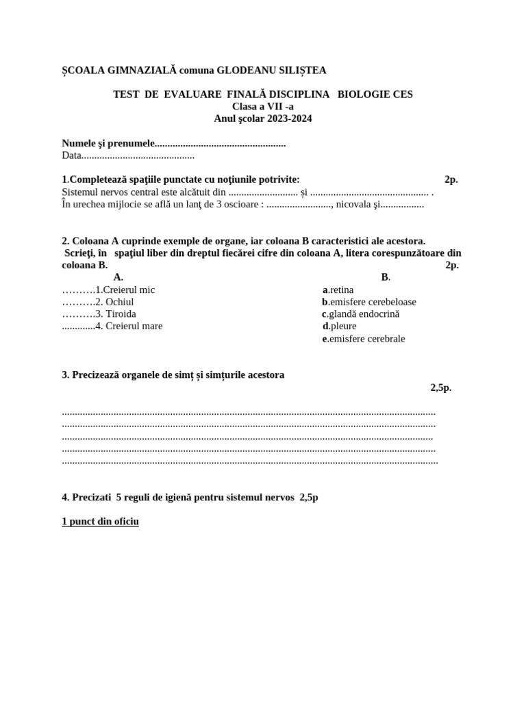Test de Evaluare Finala Biologie VII 2023 Ces | PDF