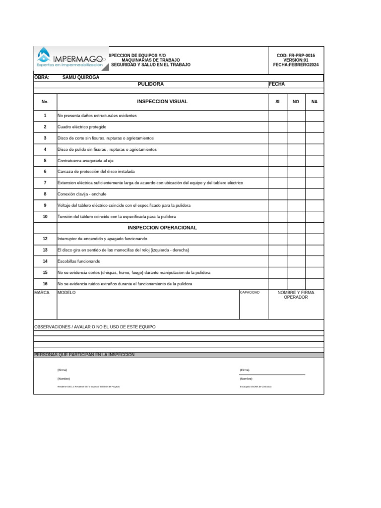 Anexo 006. Pre-Operacional Pulidora | PDF | Ingenieria Eléctrica ...