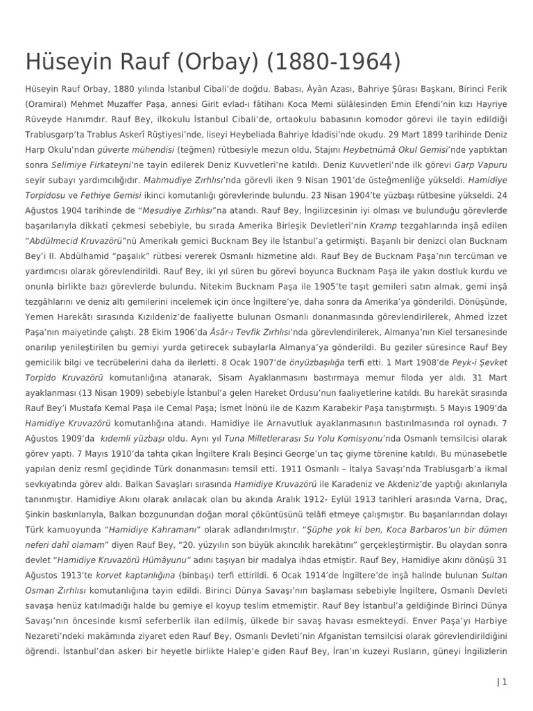 Hüseyin Rauf (Orbay) (1880-1964) | PDF