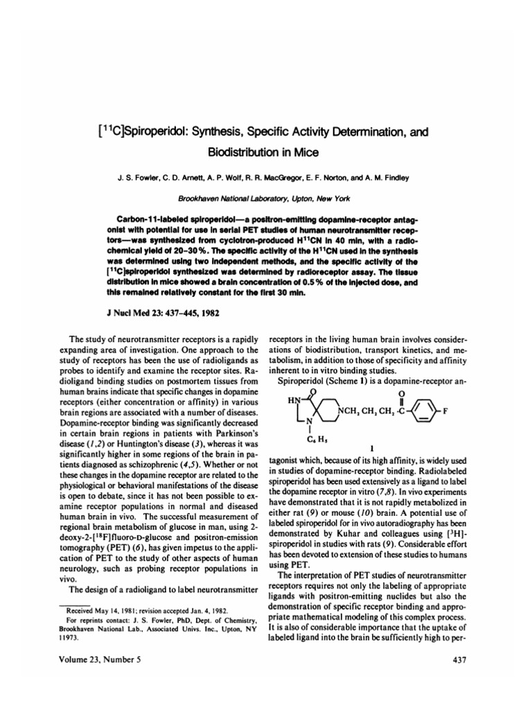 J. S. Fowler Et Al - ( 11-C) Spiroperidol: Synthesis, Specific Activity ...
