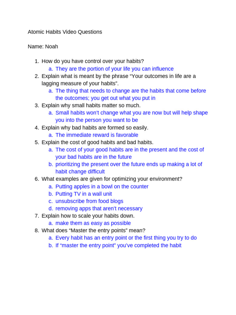 Atomic Habits Video Questions | PDF