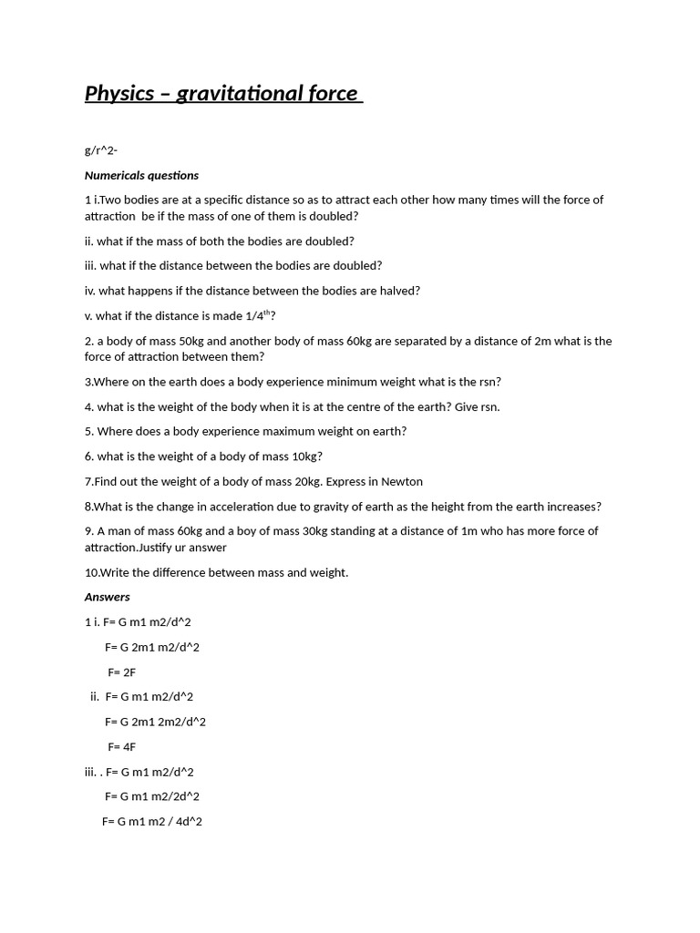 Physics Numericals Gravitational Force | PDF