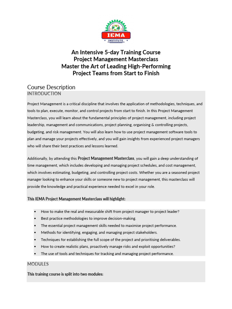 Project Mangement Training Curicullum - Masterclass | PDF
