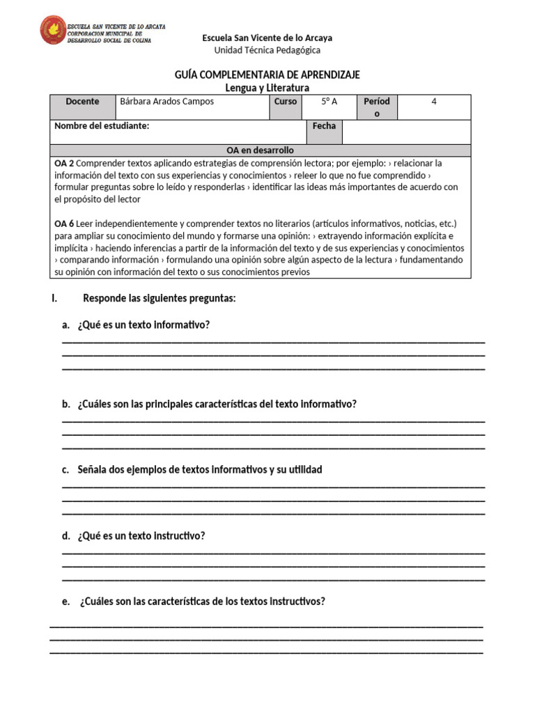 Guía complementaria tercer período 5° básico | PDF