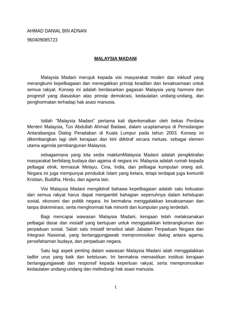 Ahmad Danial Bin Adnan Esei Malaysia Madani | PDF