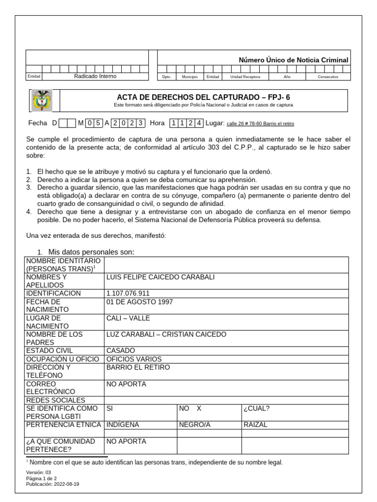 Acta de Derecho de Capturado Luis | PDF